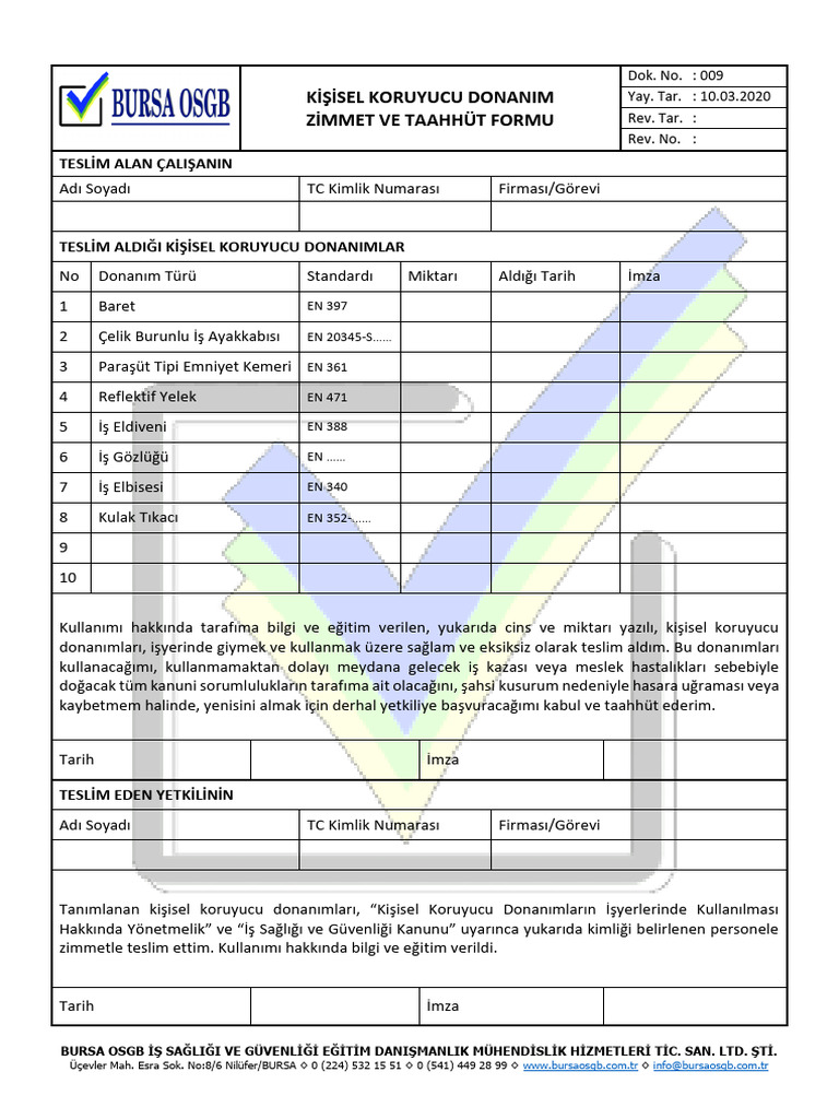 FRM 009 Ki̇şi̇sel Koruyucu Donanim Zi̇mmet Ve Taahhüt Formu | PDF