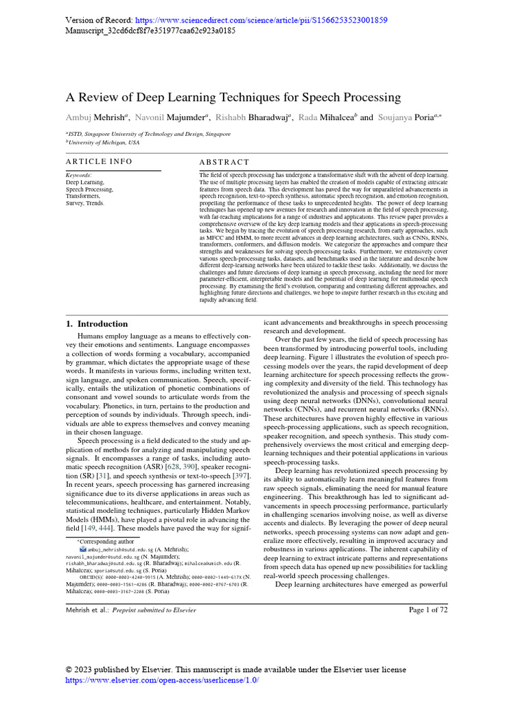 A Review Deep Learning Techiques for Speech Processing2023 | PDF | Deep ...