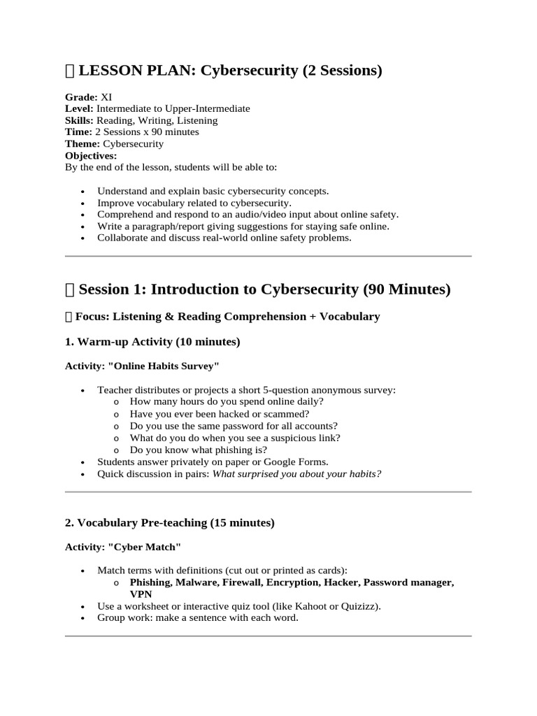 ? Lesson Plan Cybersecurity | PDF | Computer Security | Security