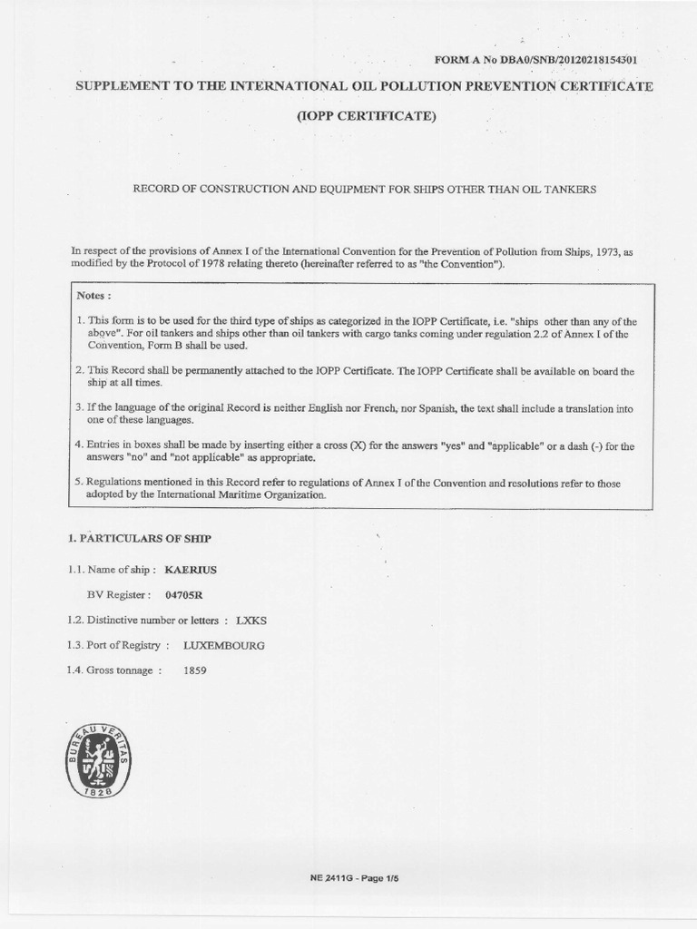 33 - Kaerius - Supplement To International Oil Pollution Prevention Certificate (Iopp) | PDF