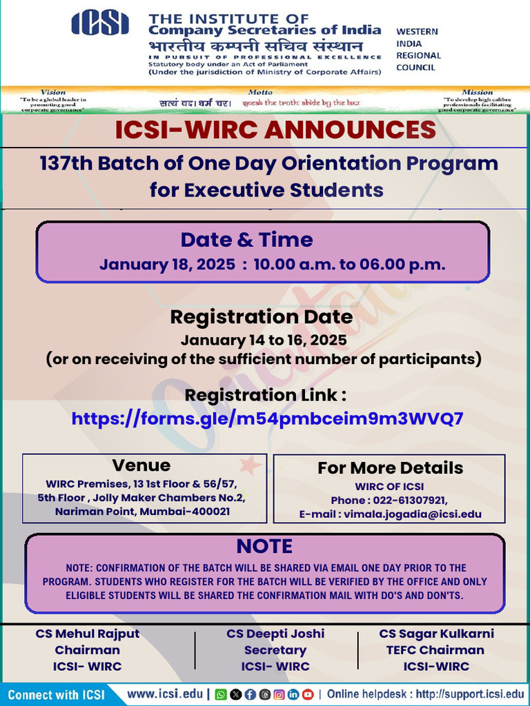ICSI-WIRC - 137th Batch of One Day Orientation Program For Executive Students | PDF