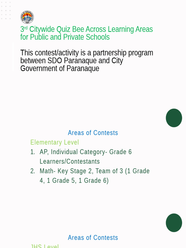 3rd Citywide Quiz Bee Across Learning Areas | PDF