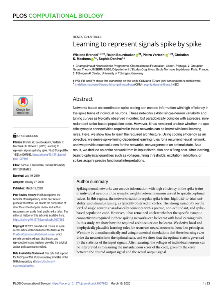 Brendel 等 - 2020 - Learning to represent signals spike by spike | PDF ...