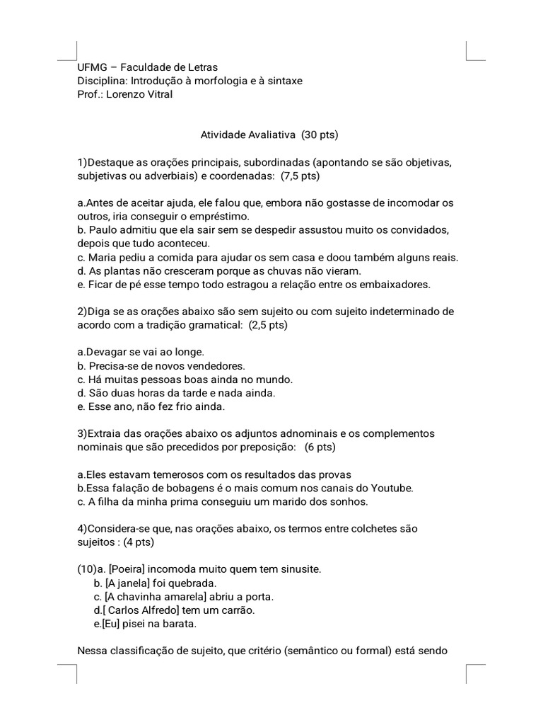 Atividade Avaliativa Sintaxe 2 Semestre de 2024 | PDF | Assunto (gramática)