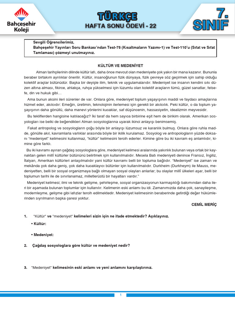 7 Sinif Turkce Hafta Sonu 22 1679051928 | PDF