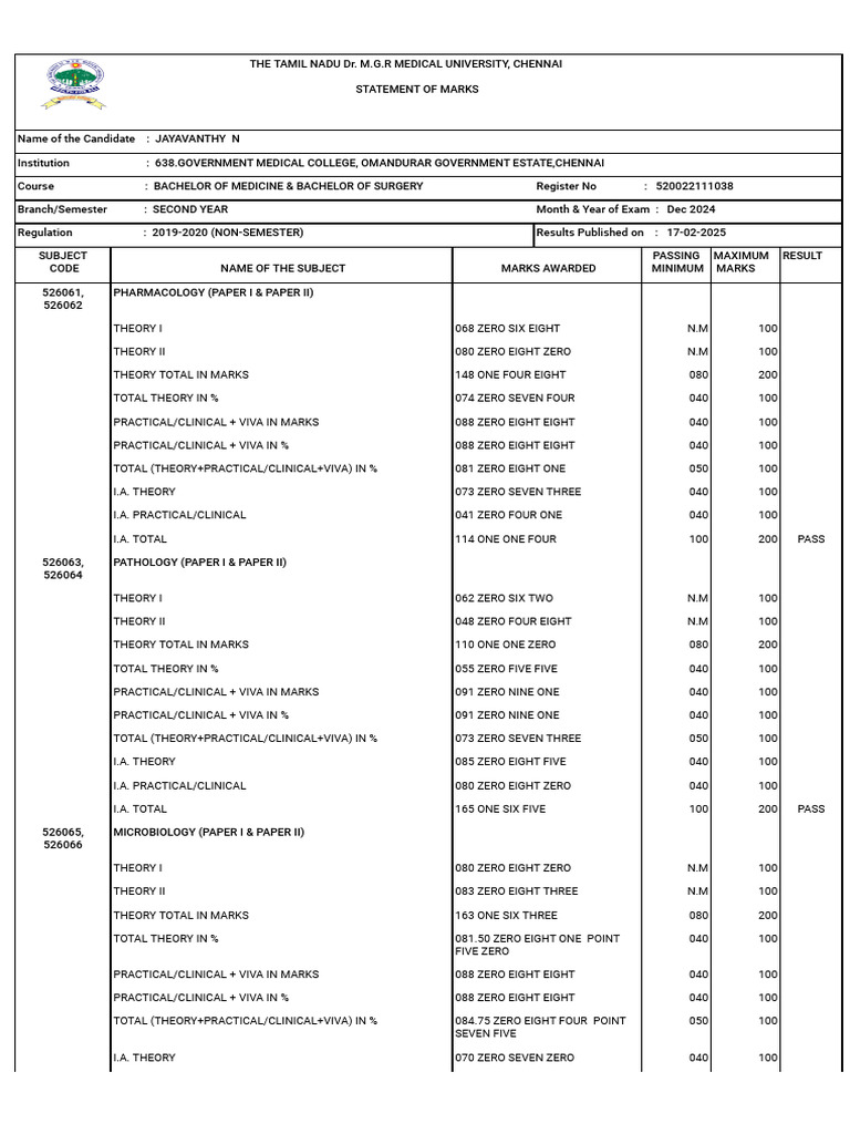 Tamil Nadu Medical University Marks Statement | PDF | Medical School ...