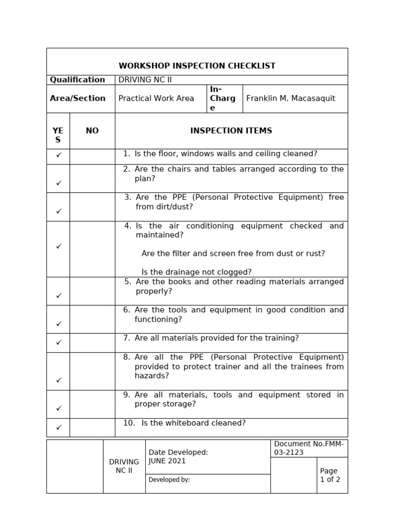 Mtf-Workshop Inspection Checklist | PDF