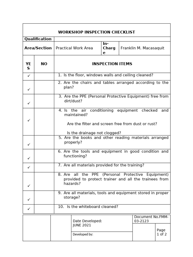 MTF - Workshop Inspection Checklist | PDF