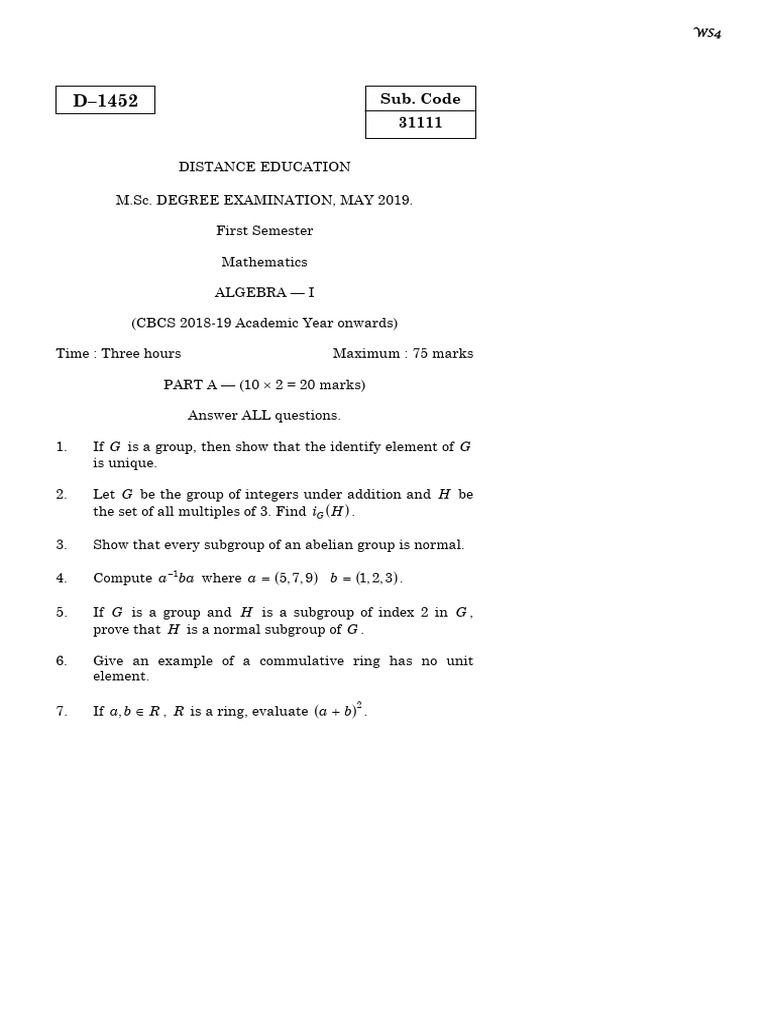2019 - May - PG - M.SC., (Mathematics) - Master of Mathematics | PDF ...