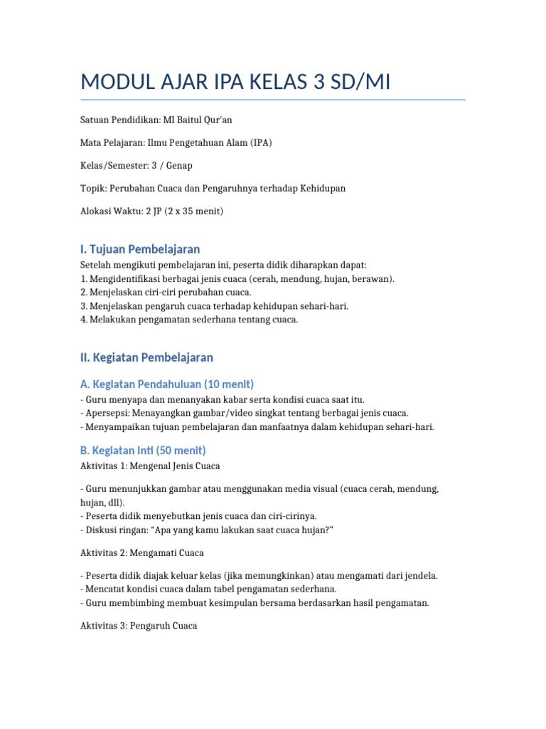 Modul Ajar IPA Kelas 3 Topik Cuaca | PDF