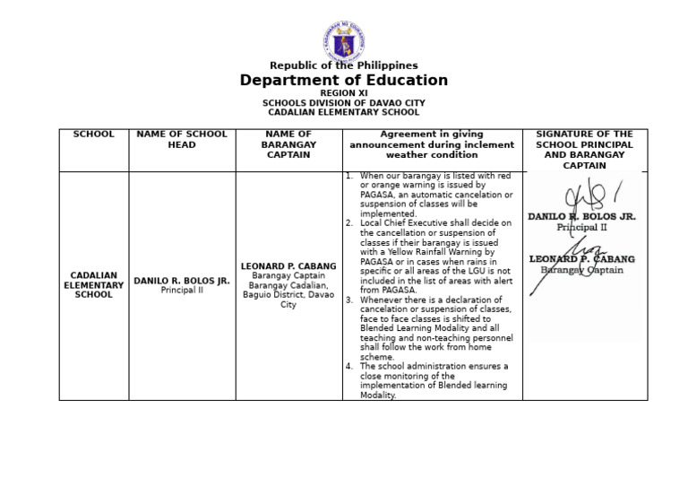 Barangay Agreement On Suspension of Classes | PDF | Weather | Natural Disasters