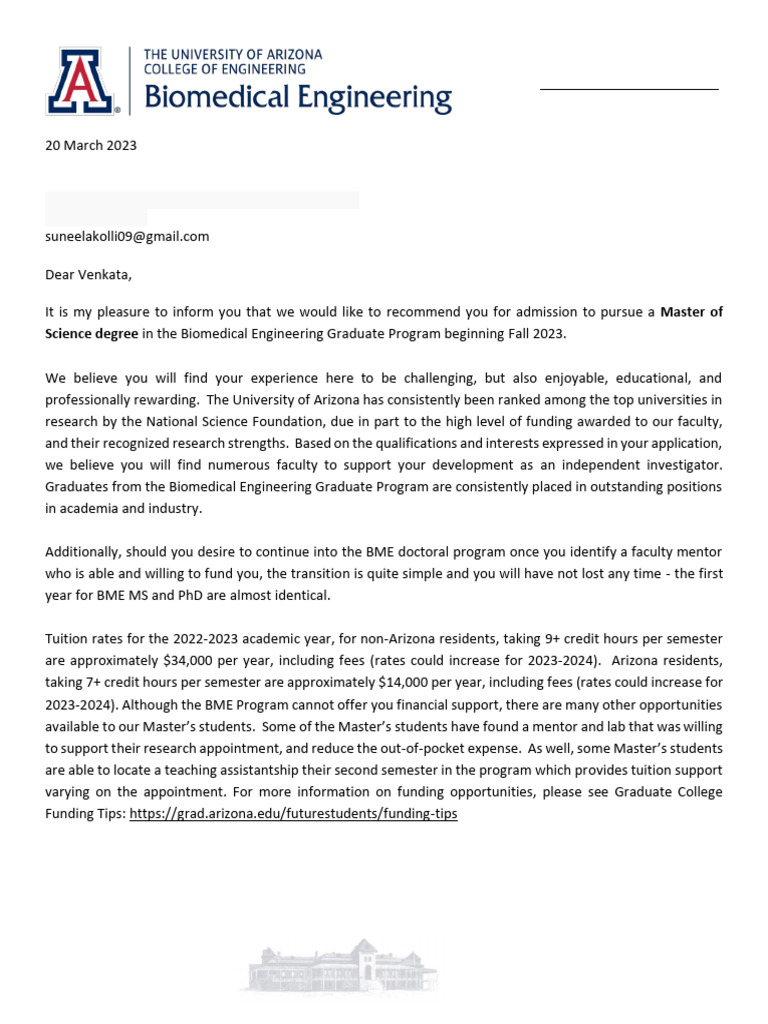University of Arizona Offer Letter | PDF | Biomedical Engineering | Doctor Of Philosophy