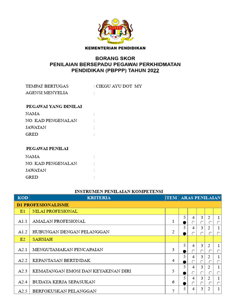 Borang Skor PBPPP - Penilaian Kendiri.docx | PDF