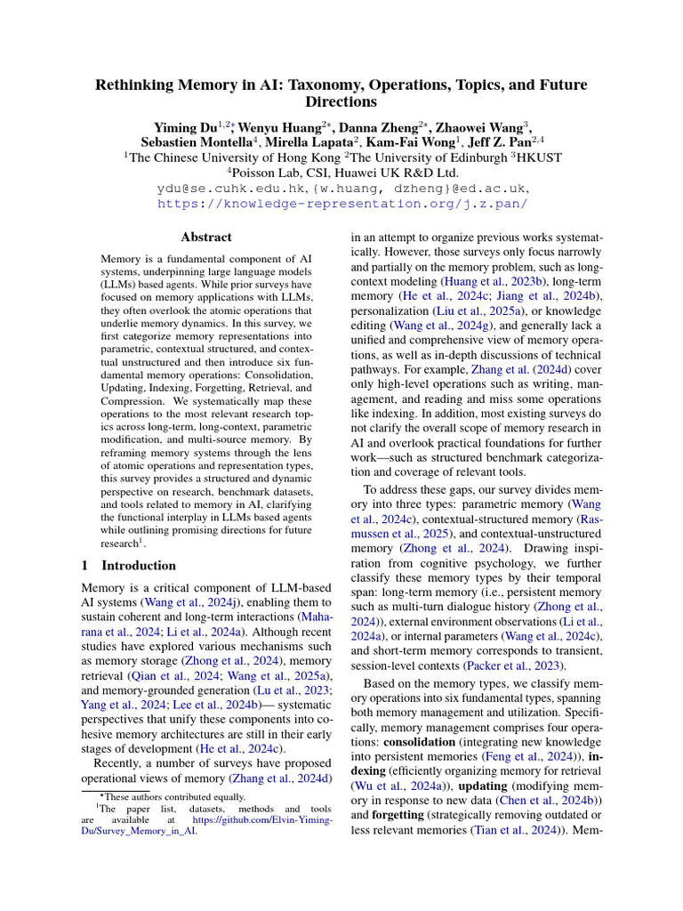 Rethinking Memory in AI: Taxonomy, Operations, Topics, and Future Directions | PDF | Memory ...