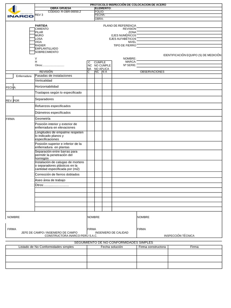 R-OBR-00050.2 v.00 ANEXO 2 Protoc Inspec Coloc de Acero | PDF