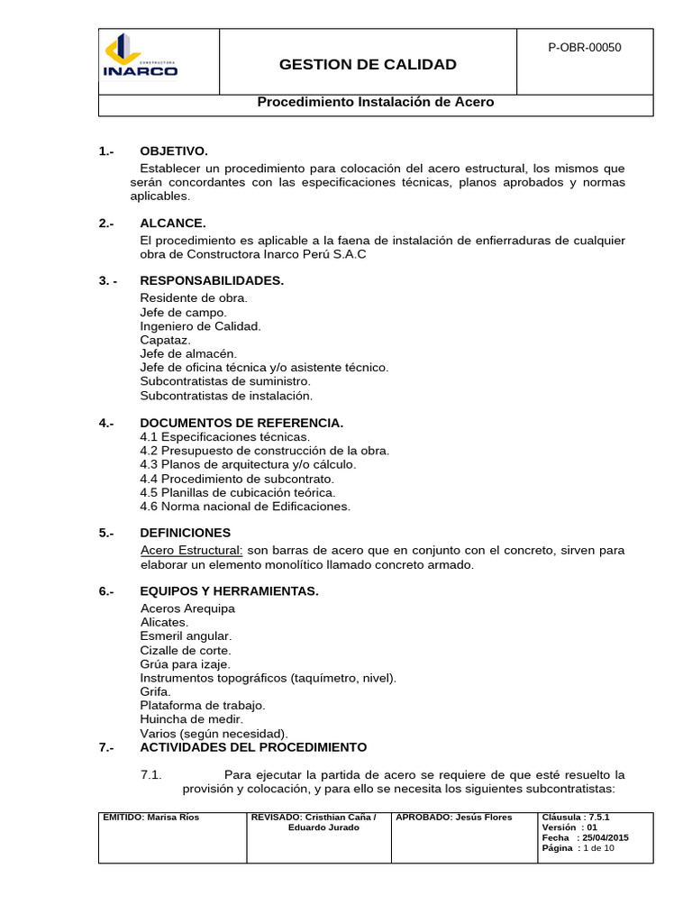 P-OBR-00050 v.00 Procd Colc Acero | PDF | Hormigón | Acero