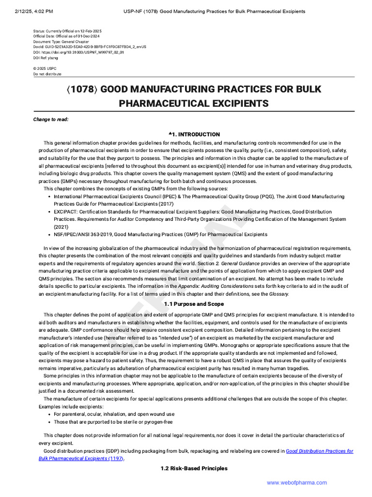 GMP Guidelines for Pharmaceutical Excipients | PDF | Quality Management ...