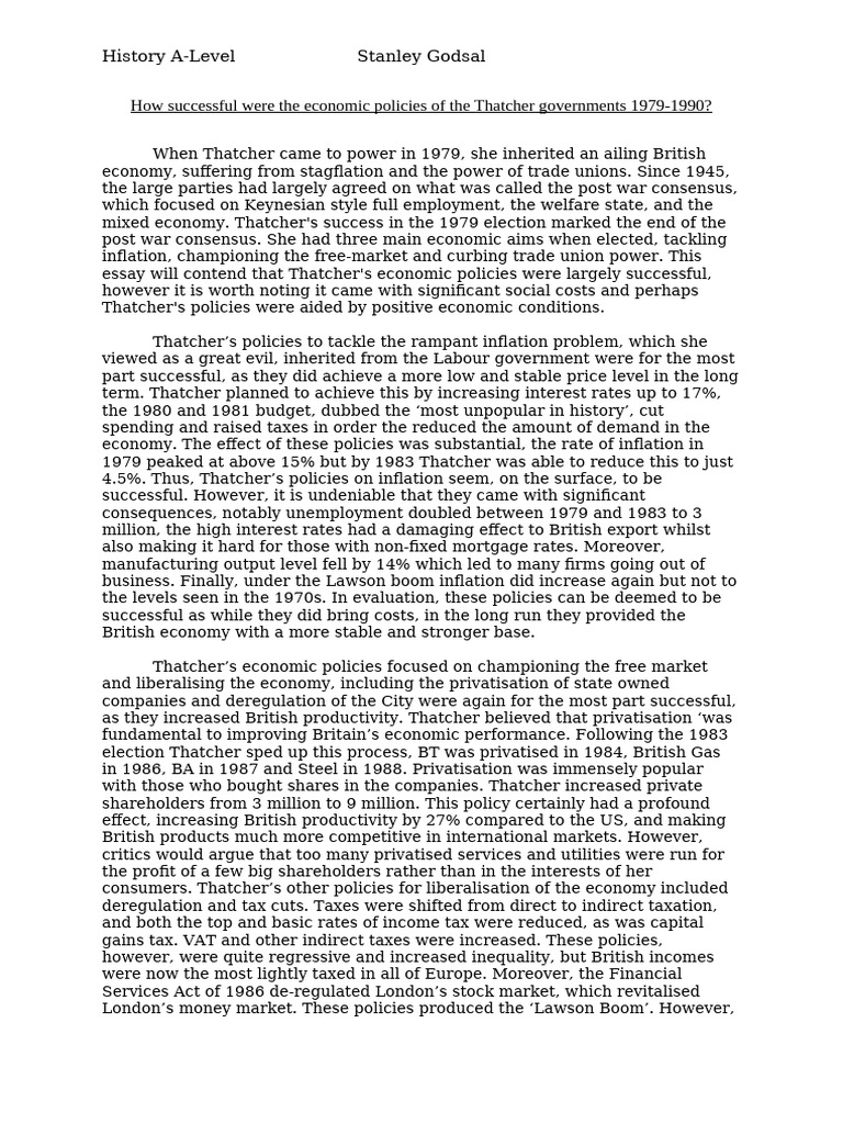 Thatcher Economics Essay | PDF | Taxes | Inflation