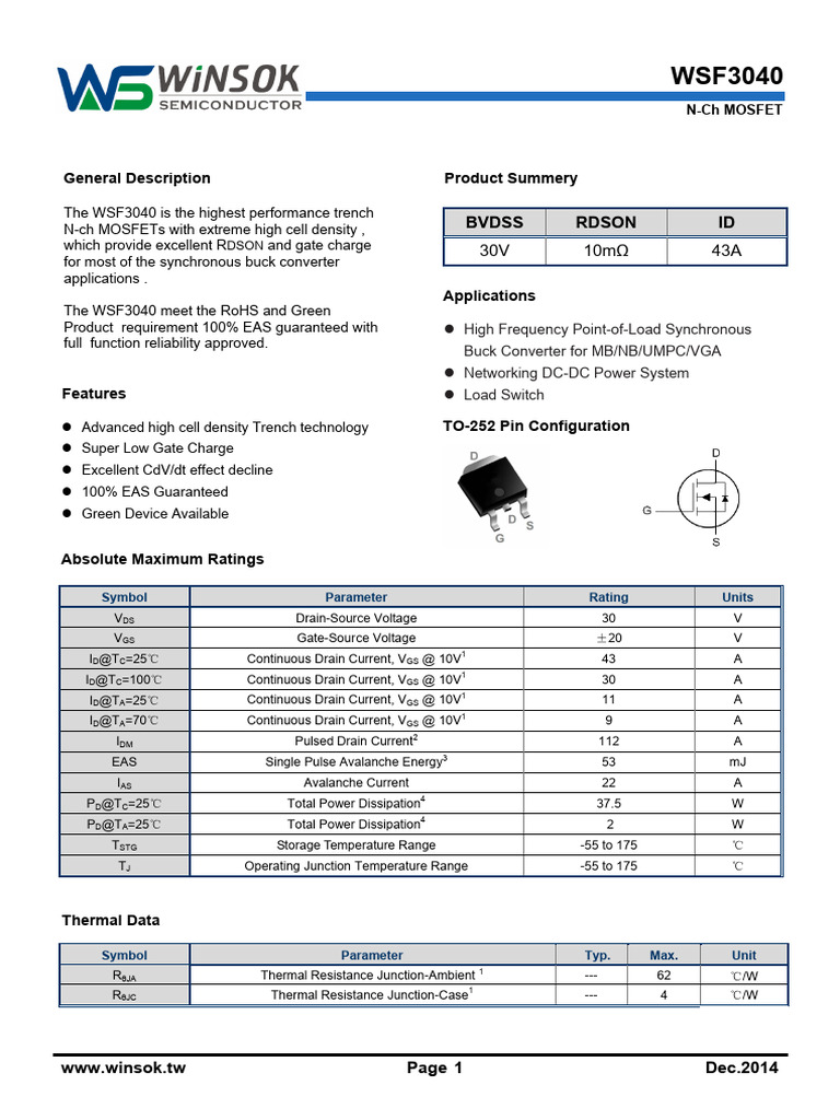 WSF3040 N-Ch MOSFET Specifications | PDF | Mosfet | Diode