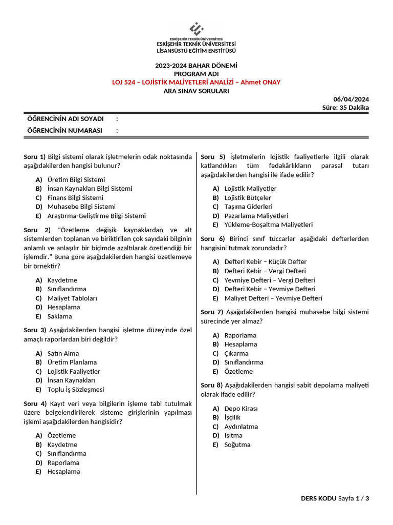 VİZE-LOJ 524 - LOJİSTİK MALİYETLERİ ANALİZİ - Ahmet ONAY | PDF