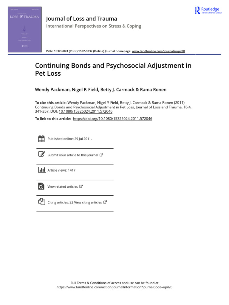 Continuing Bonds and Psychosocial Adjustment in Pet Loss | PDF | Grief ...