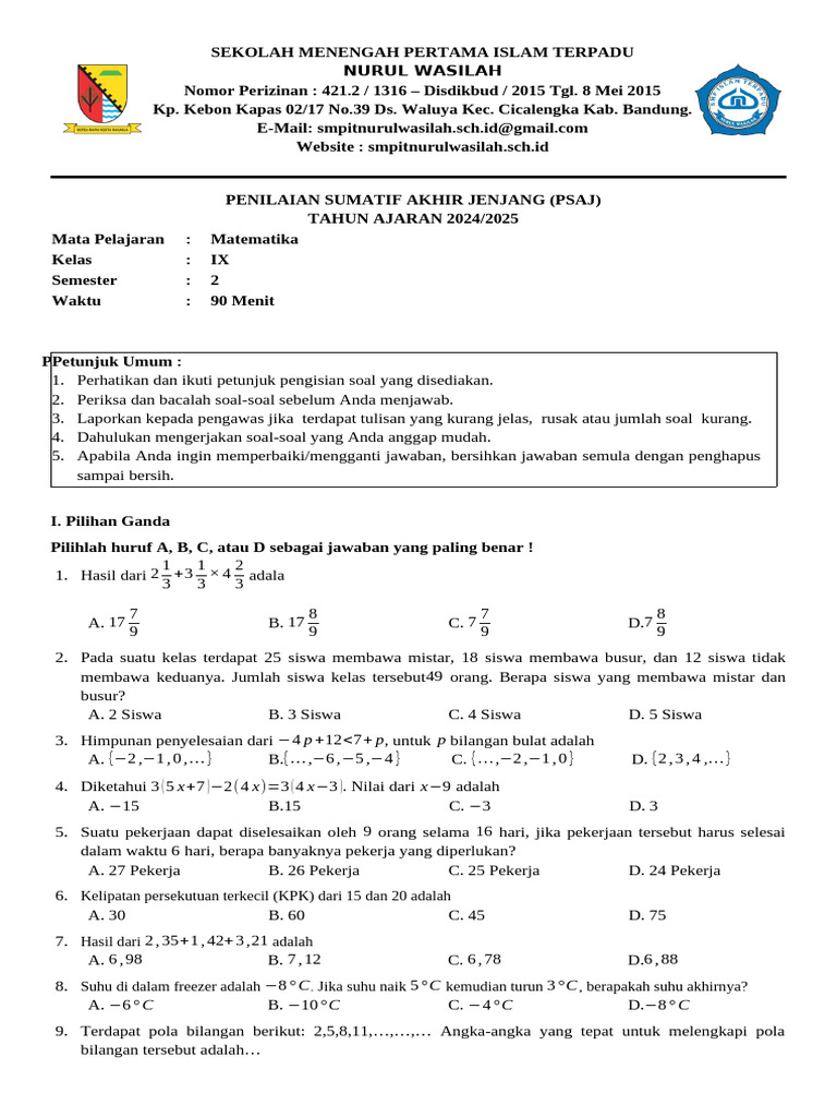 Soal Psaj Matematika 2025 Nurul Wasilah | PDF