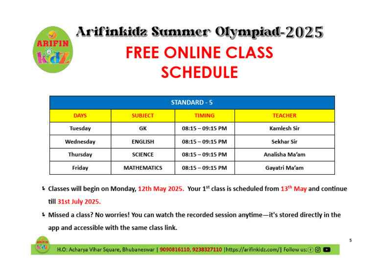 Free Online Class Schedule (Class-5) | PDF