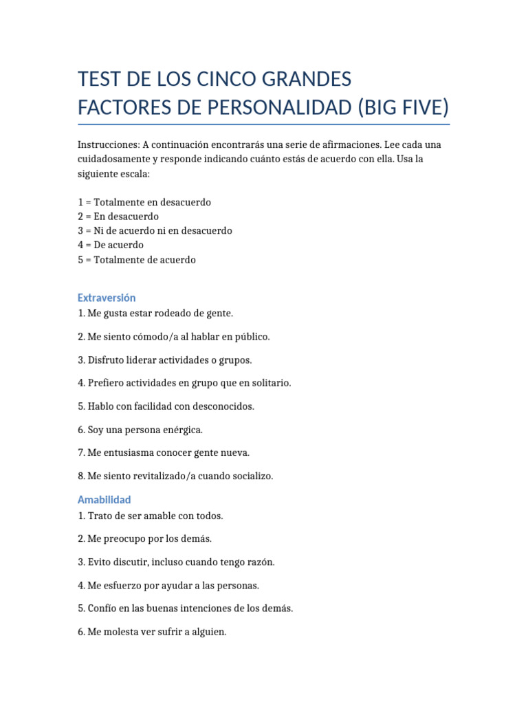 Test de Personalidad Big Five PDF | PDF