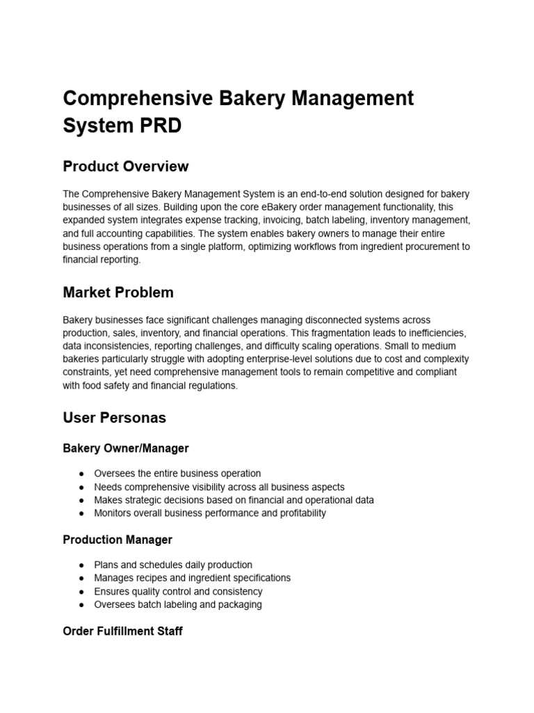 Comprehensive Bakery Management System PRD | PDF | Inventory | Taxes