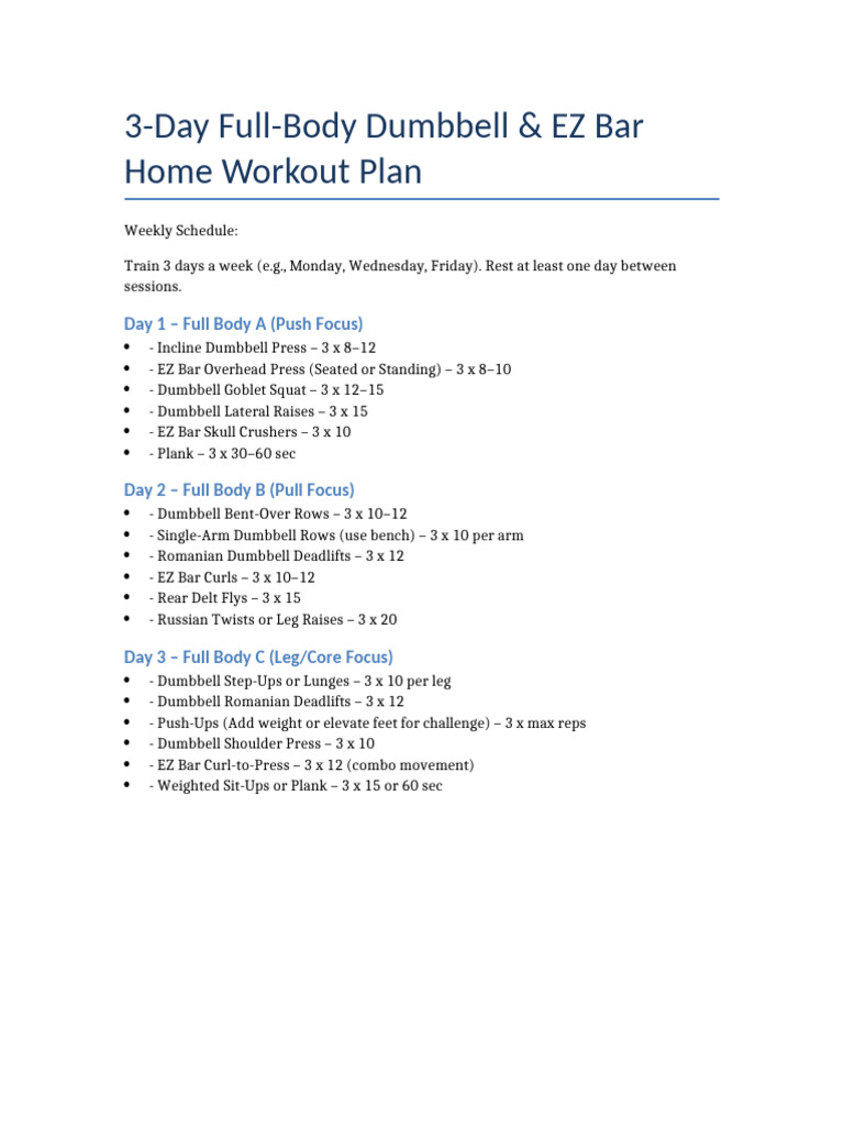 3-Day Dumbbell & EZ Bar Workout Plan | PDF