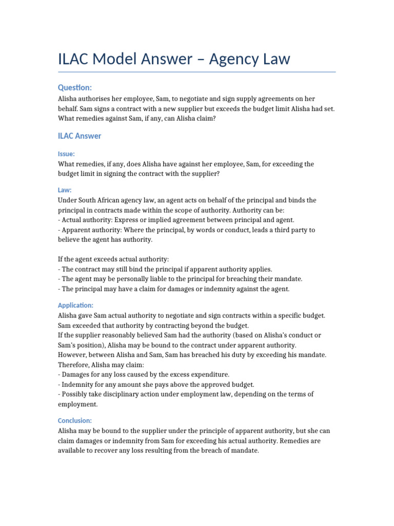 ILAC Model Answer Agency Law | PDF