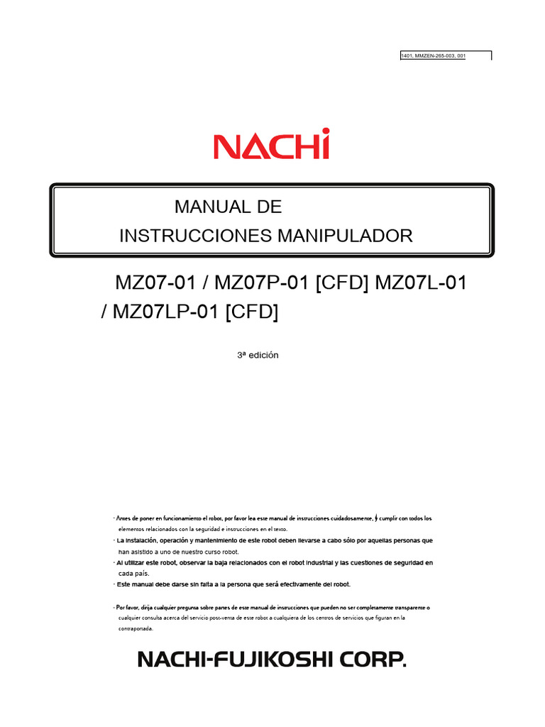 MMZEN-265-003 - MZ07-01 (CFD) Mantto Nachi. Español | PDF | Robot | Robótica