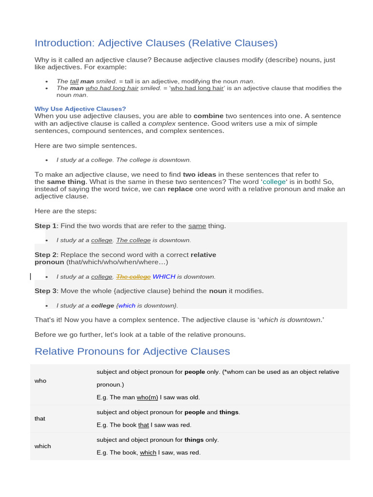 ADJECTIVE - RELATIVE CLAUSES | PDF | Pronoun | Adjective
