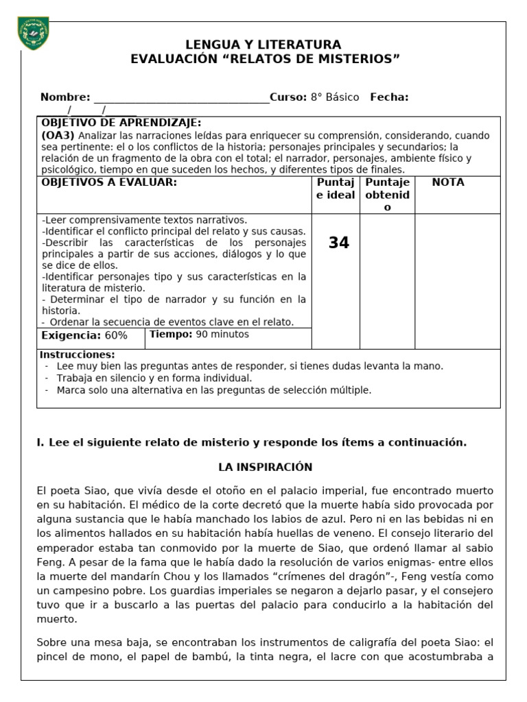 8° - Prueba Unidad III Relatos de Misterios 2.0 | PDF | Narración