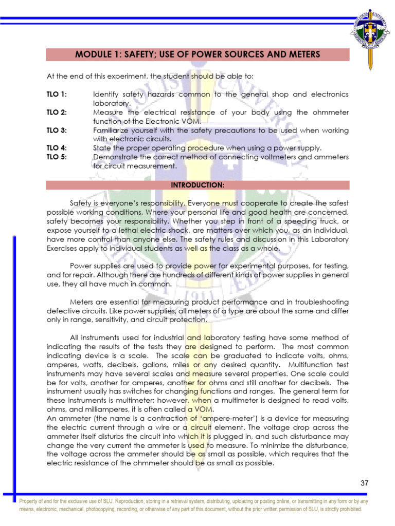 Module 1 - Safety, Use of Power Sources and Meters | PDF | Power Supply | Voltage