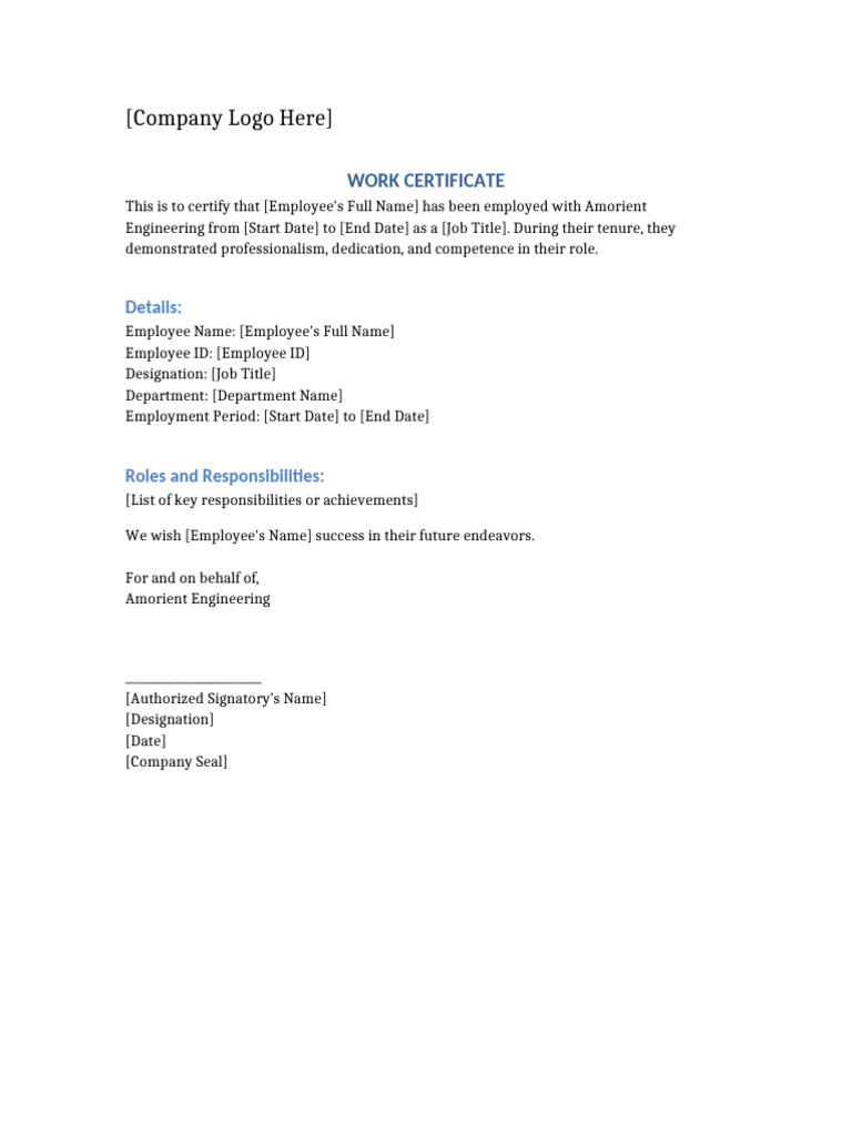 Amorient Work Certificate Template | PDF