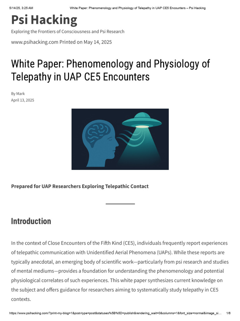 White Paper - Phenomenology and Physiology of Telepathy in UAP CE5 Encounters - Psi Hacking ...