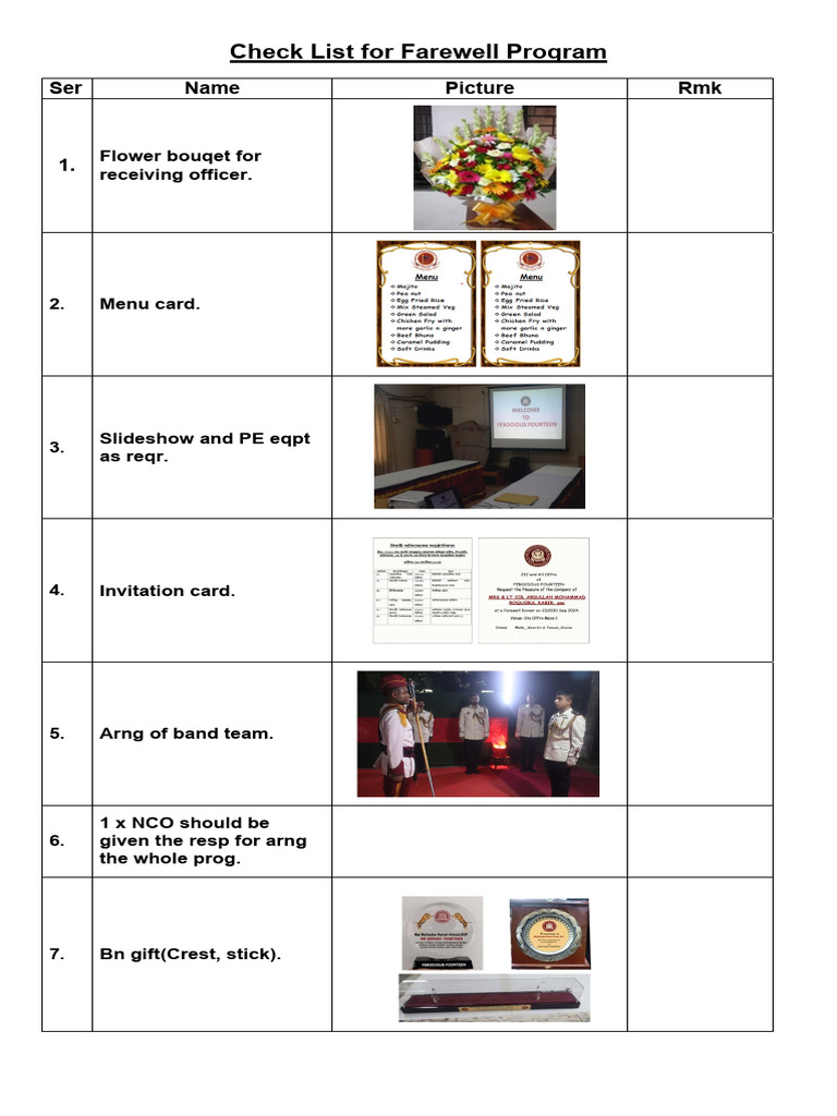 Check List For Farewell Program: Ser Name Picture RMK | PDF