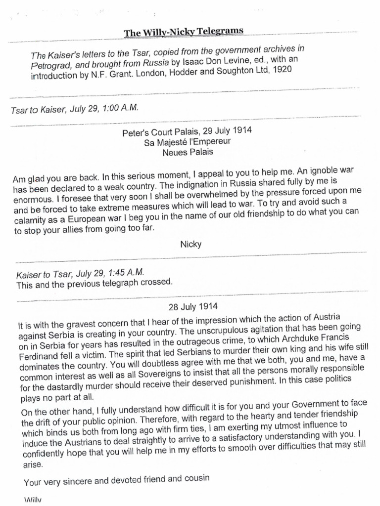 AP WH Unit 7 PART 3 - The Willy-Nicky Telegrams - Reading Article | PDF