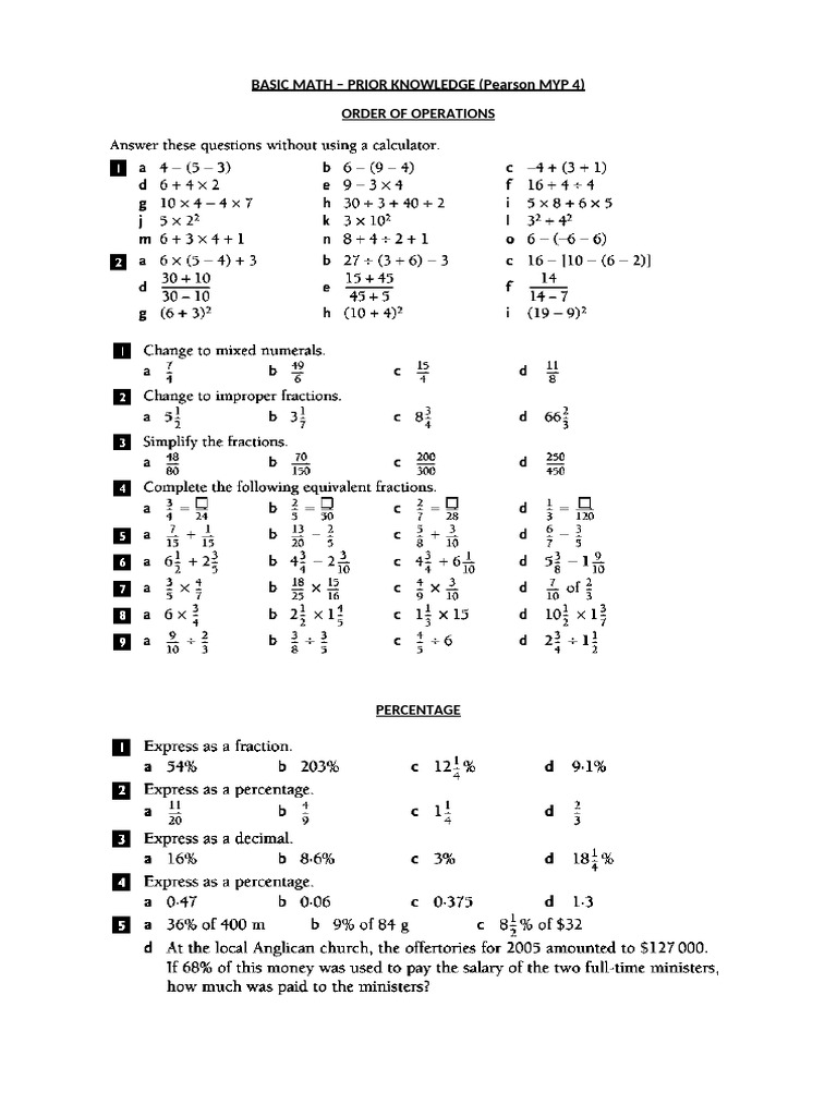 Basic Math Prior Practice | PDF | Percentage | Mathematics