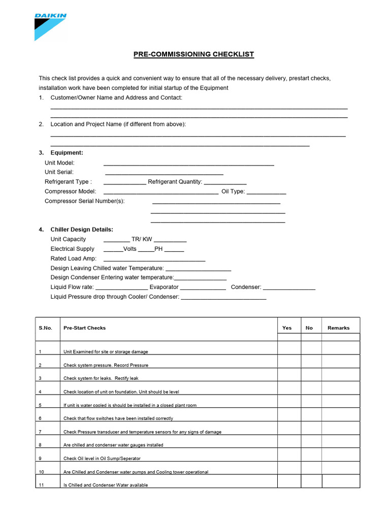 Chiller Pre-comm checklist (1)-3 | PDF | Temperature | Thermodynamics