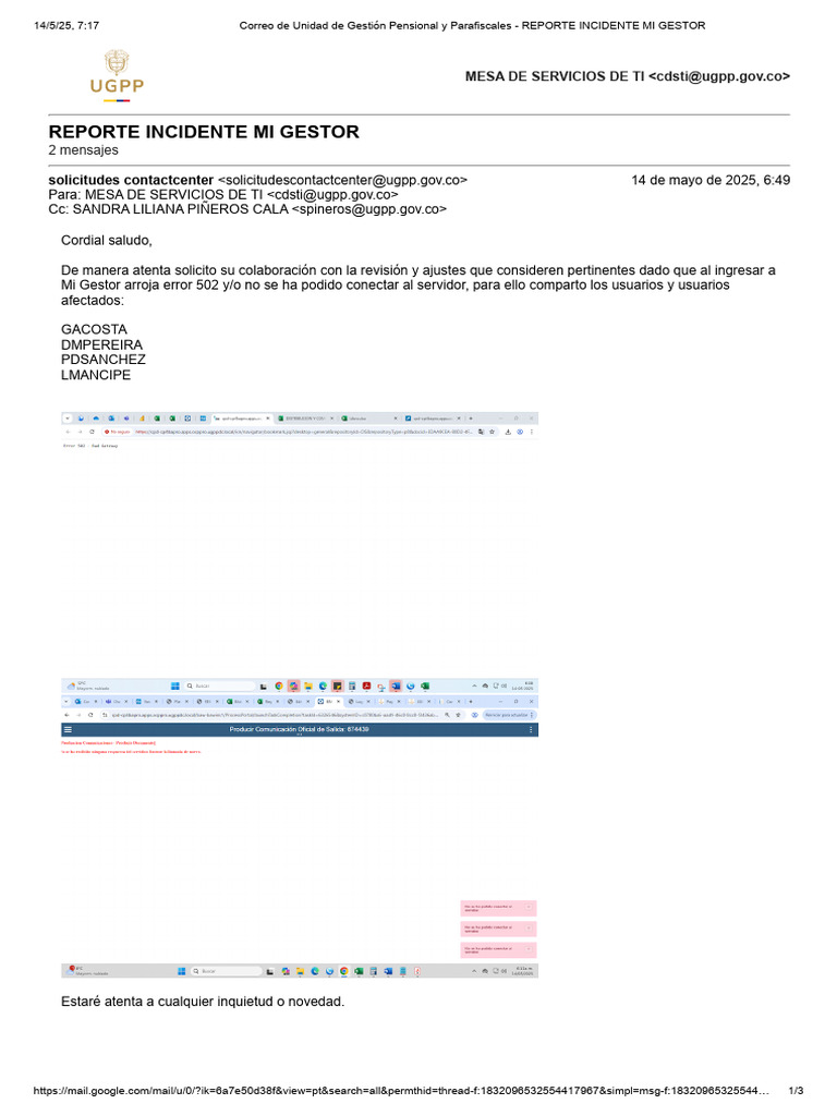 Correo de Unidad de Gestión Pensional y Parafiscales - REPORTE INCIDENTE MI GESTOR | PDF ...