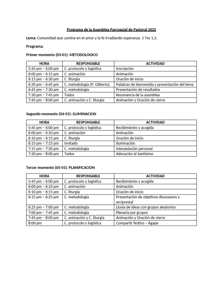Programa de La Asamblea Parroquial de Pastoral 2025 | PDF