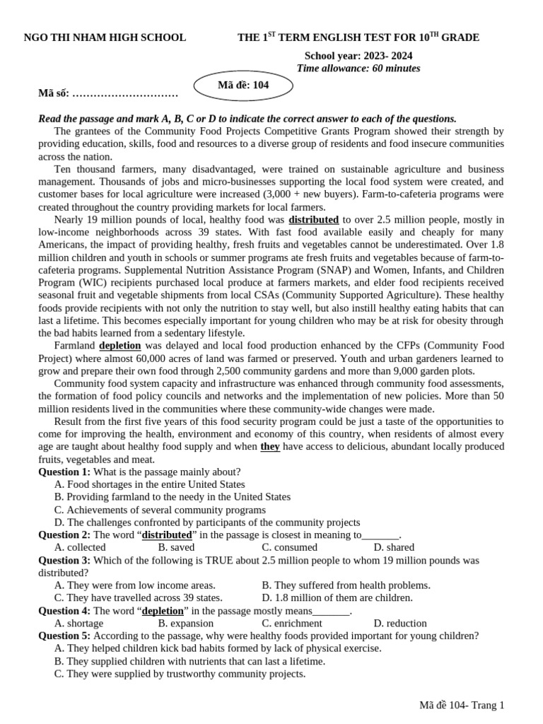 E10 - THE 1ST TERM TEST - Code 104 | PDF | Foods | Food Security