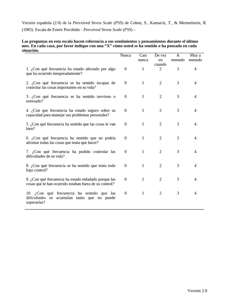 Escala de Estres Percibida PSS-10 | PDF