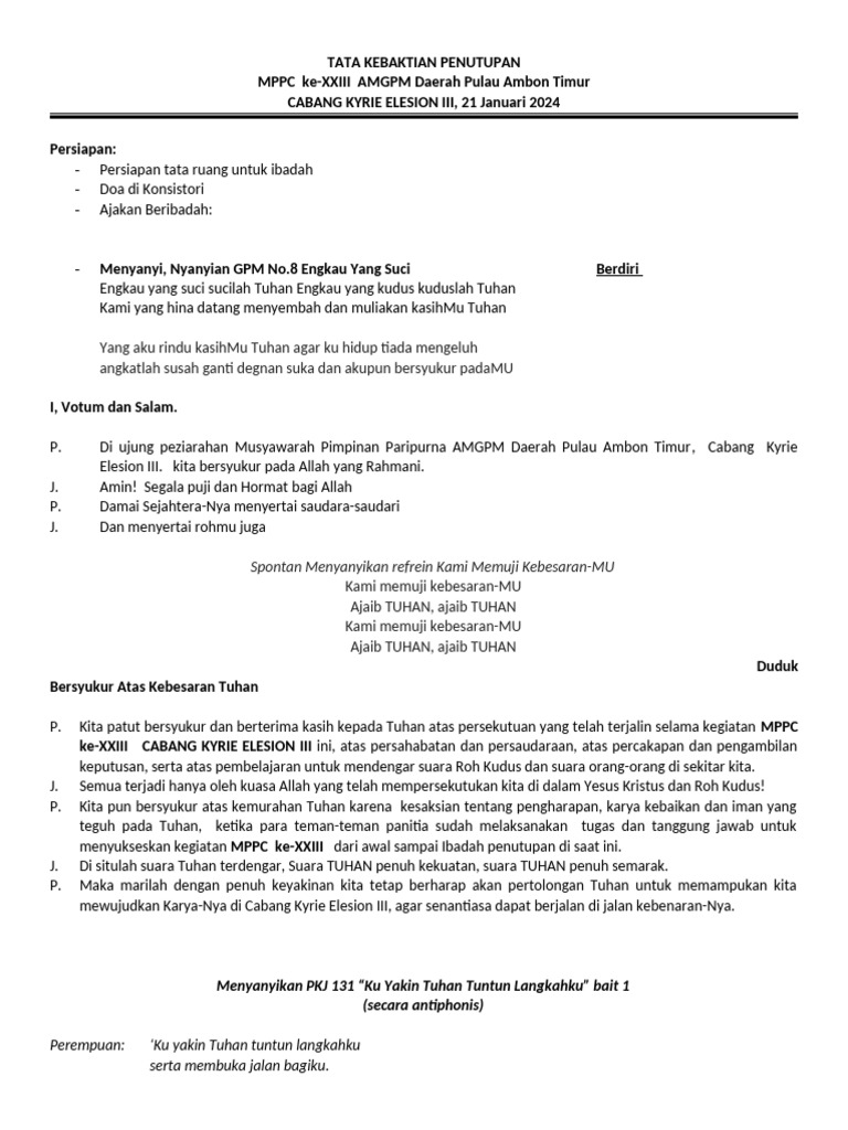 Tata Kebaktian Penutupan MPPC | PDF