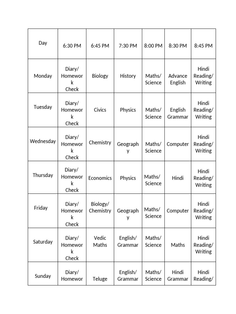 Weekly Homework Schedule Overview | PDF