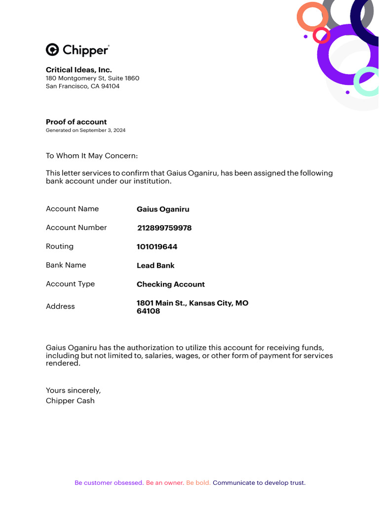 Gaius Oganiru USD Chipper Proof of Account | PDF