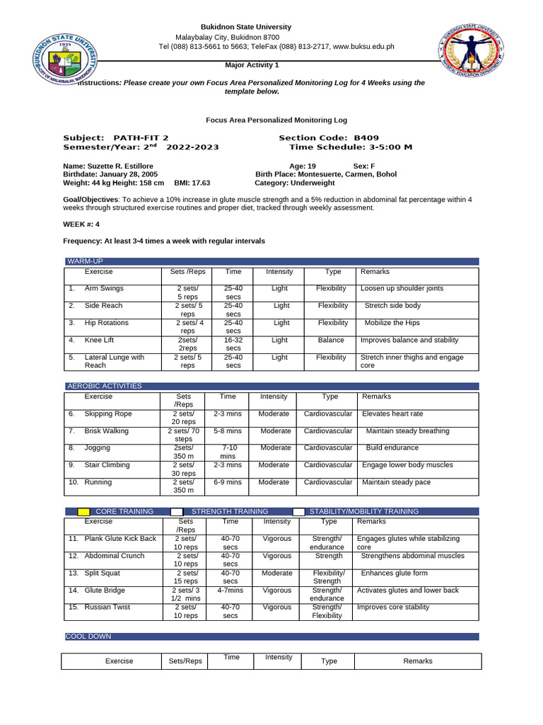 Personalized Training Matrix (WEEK 4) | PDF | Management Of Obesity ...