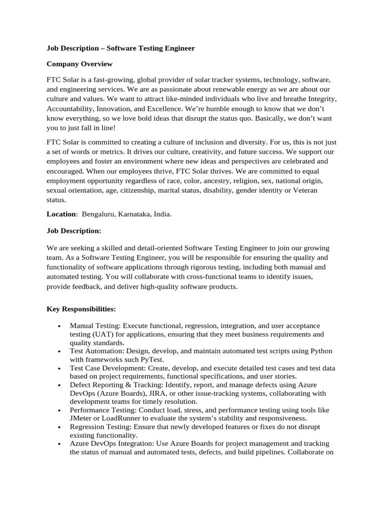 Software Testing Engineer JD | PDF | Software Testing | Software ...